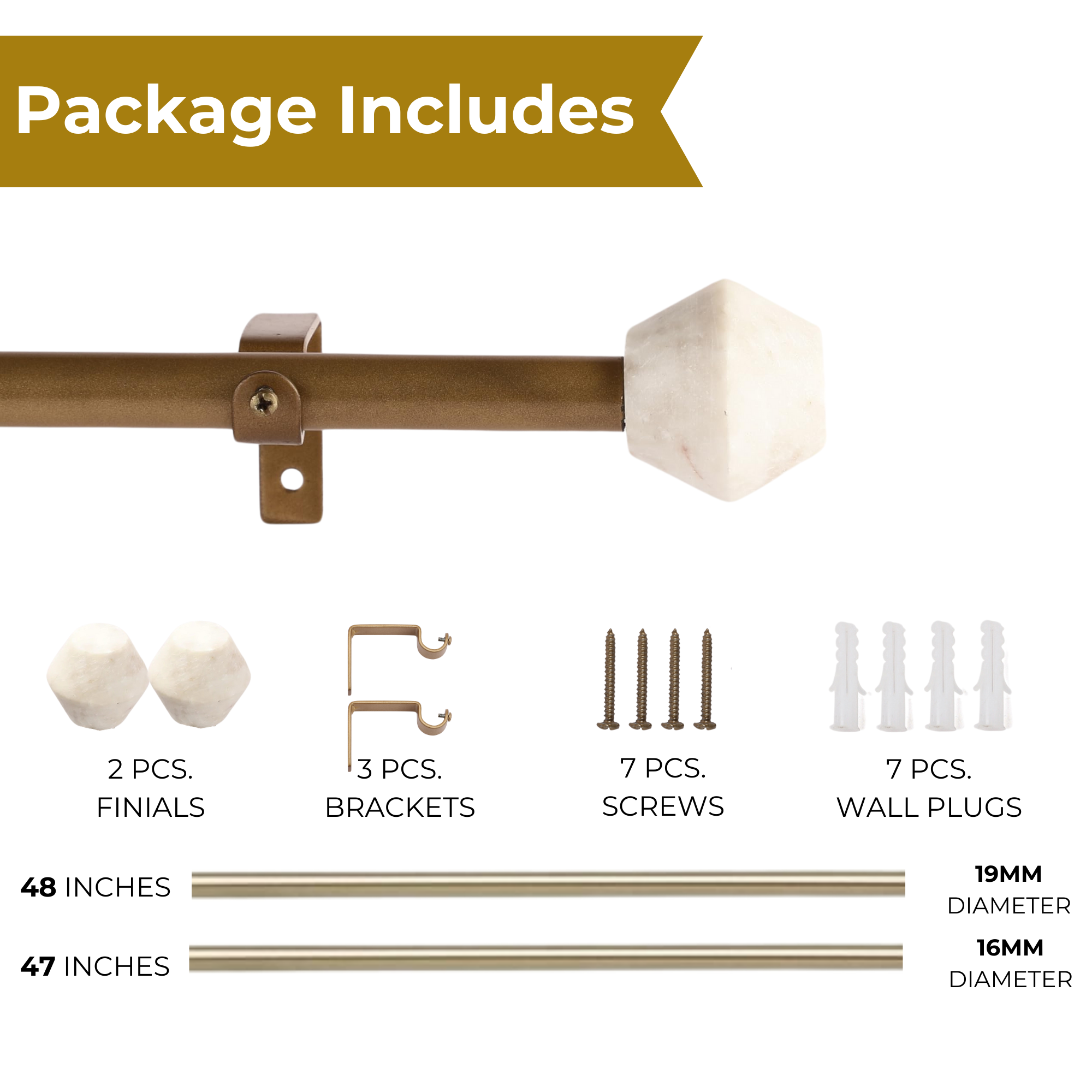 MARBLE HEX FINIAL EXTENDABLE CURTAIN ROD GOLD 19MM (HARDWARE INCLUDED ...