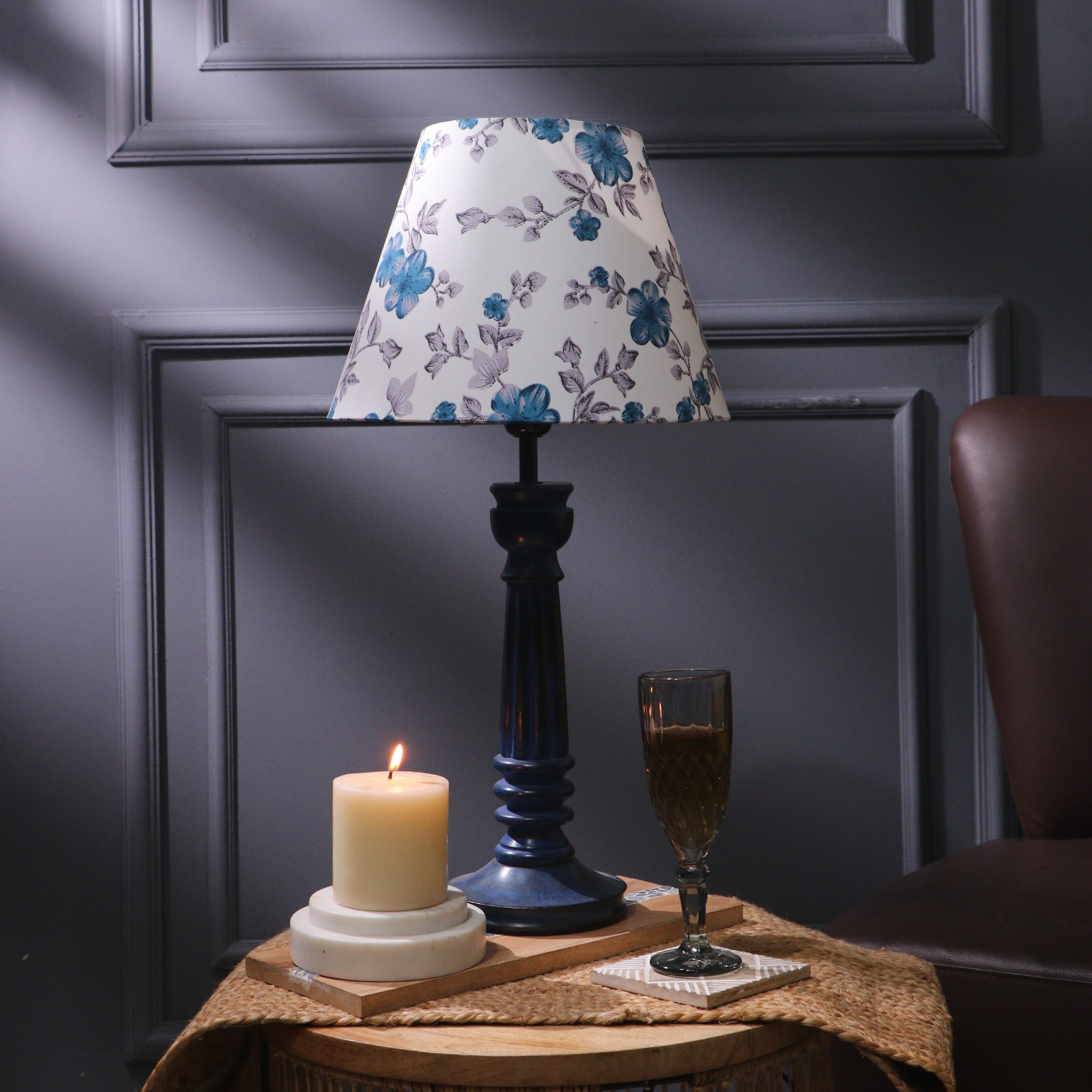 Vintage Blue Lamp With Blue Floral Shade – The Decor Mart