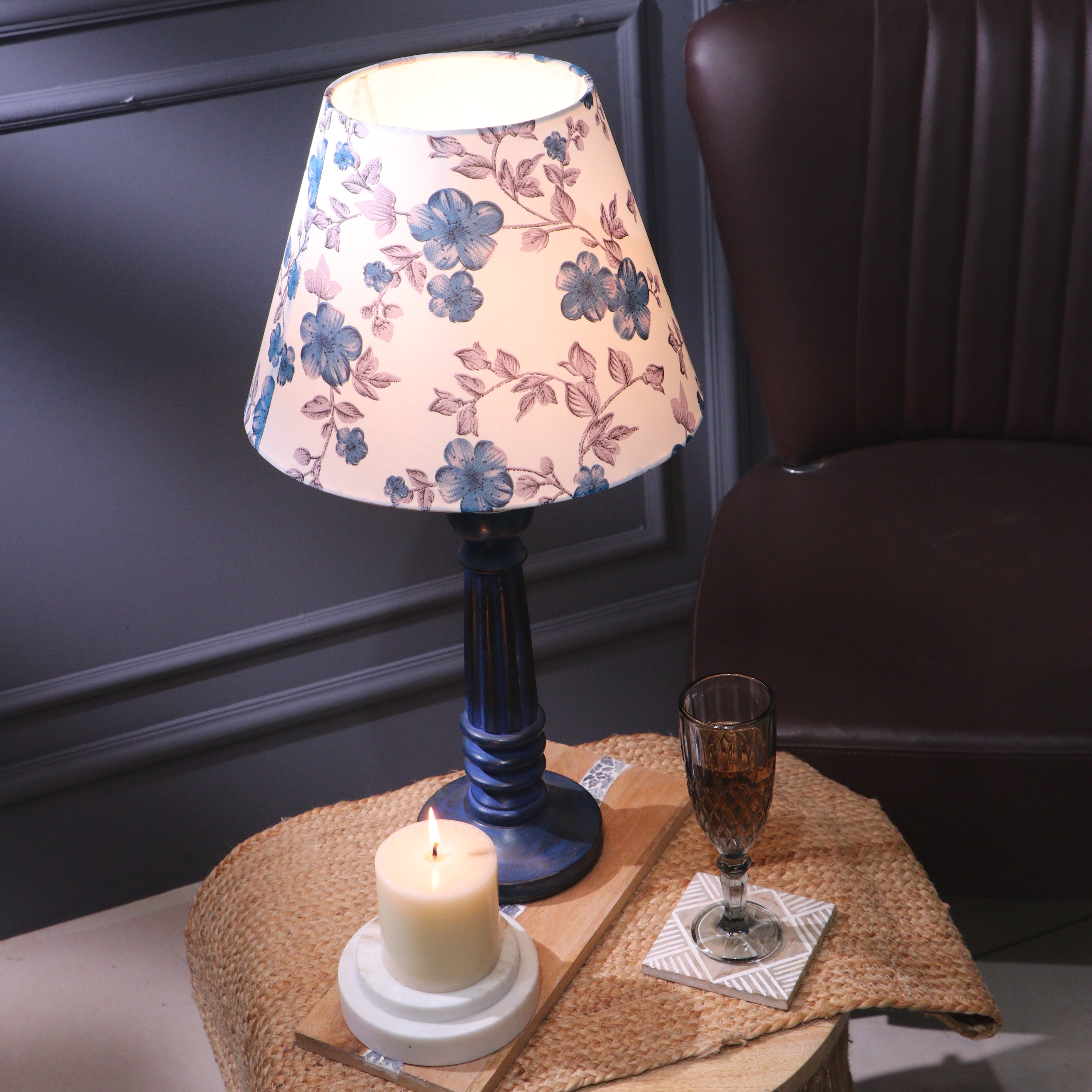 Vintage Blue Lamp With Blue Floral Shade – The Decor Mart