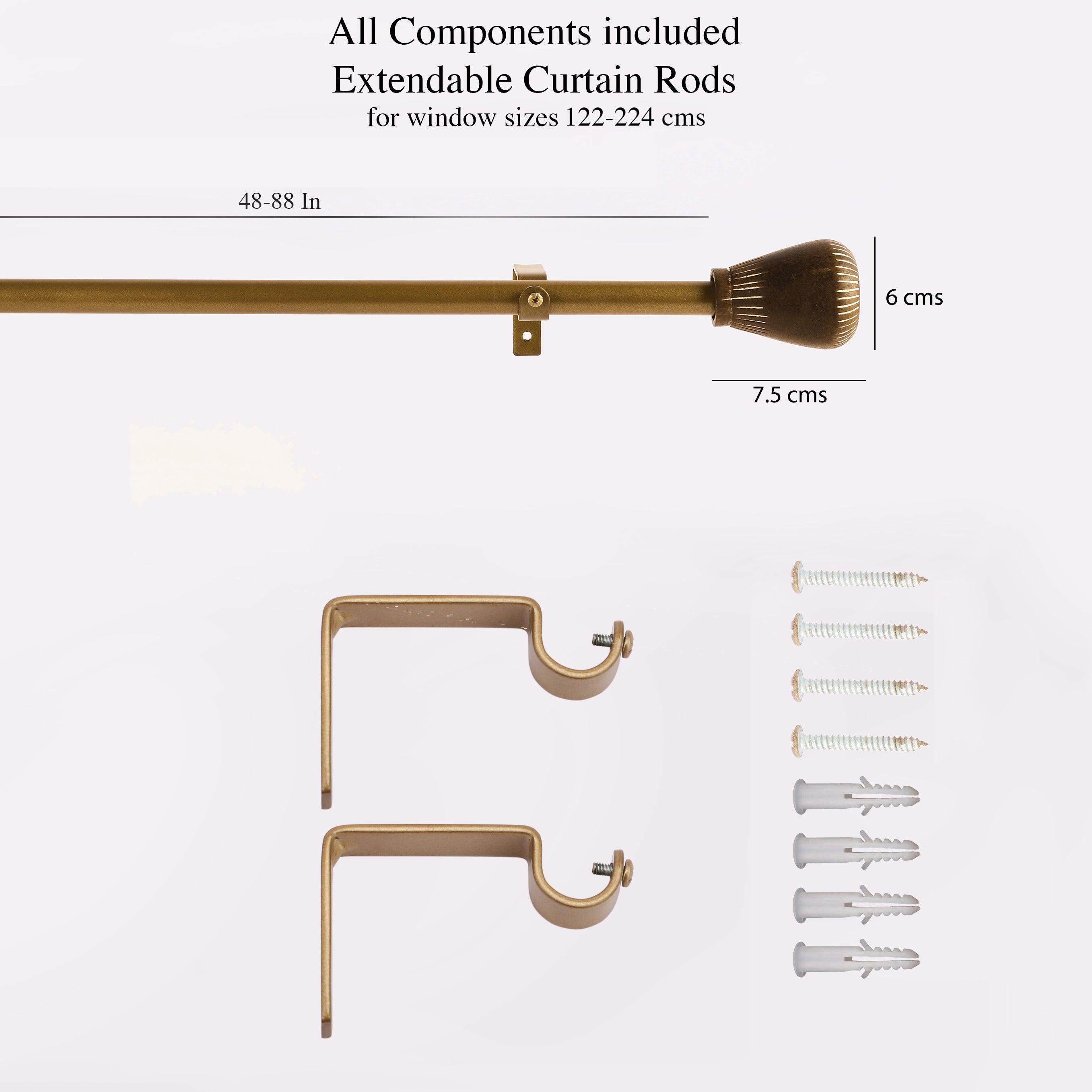 Tapered Natural Wooden Finial Extendable Single Curtain Rod Gold 19MM ...