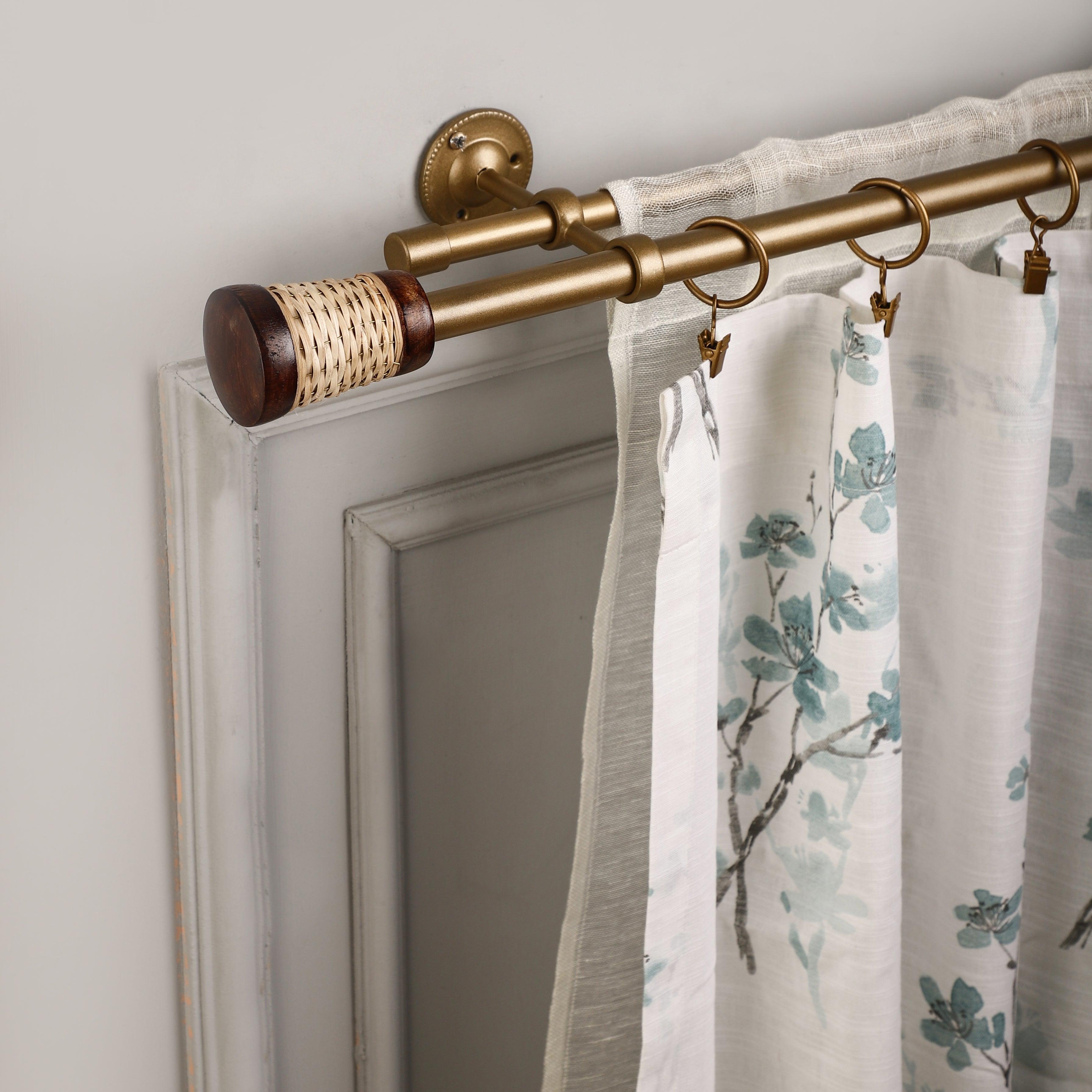 WICKER WOODEN WRAP FINIAL EXTENDABLE DOUBLE CURTAIN ROD GOLD 19MM (HAR ...