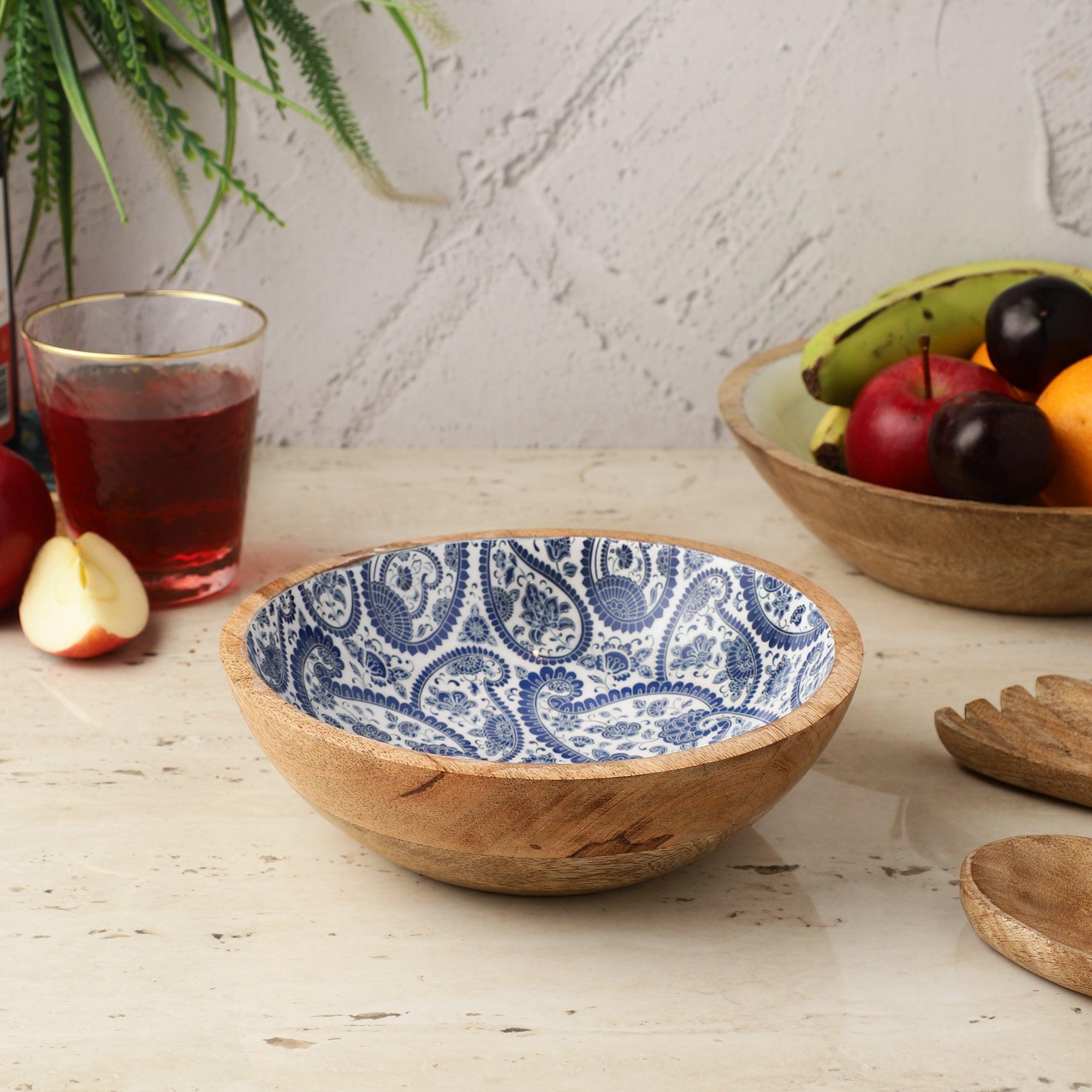 Wooden Small Salad Bowl -Royal Blue Paisley – The Decor Mart