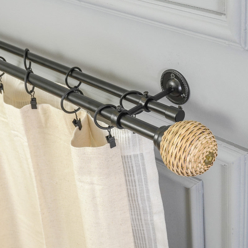 Wicker Weave Finial Extendable Double Curtain Rod Black 19MM (Hardware ...