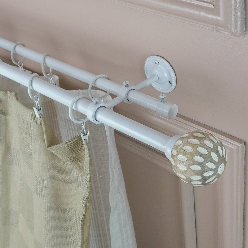 White Distressed Wooden Finial Extendable Single Double Curtain Rod Wh ...