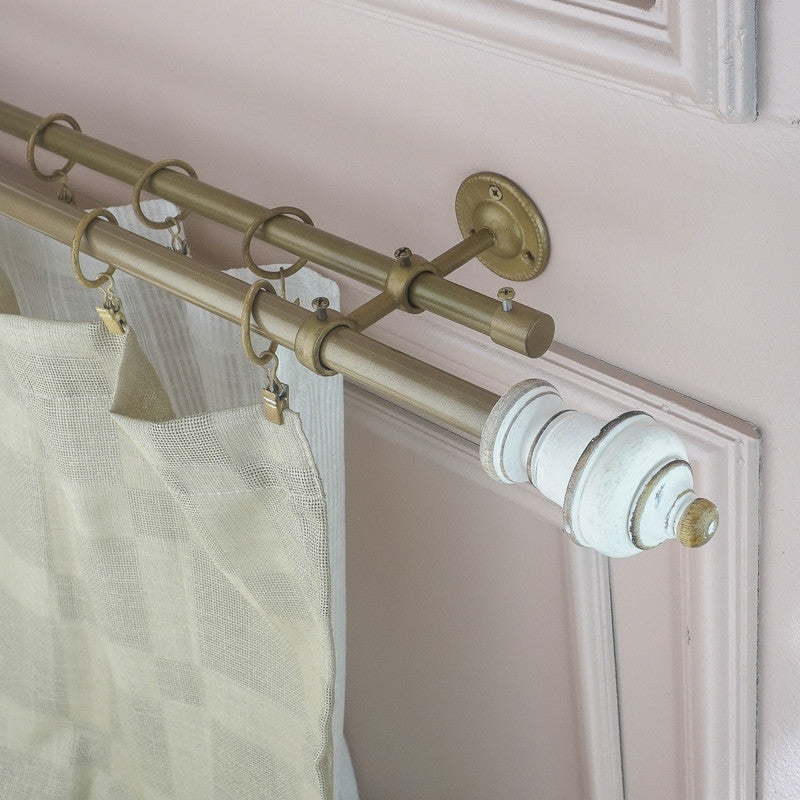 White Distressed Vintage Wooden Finial Extendable Single Double Curtai ...