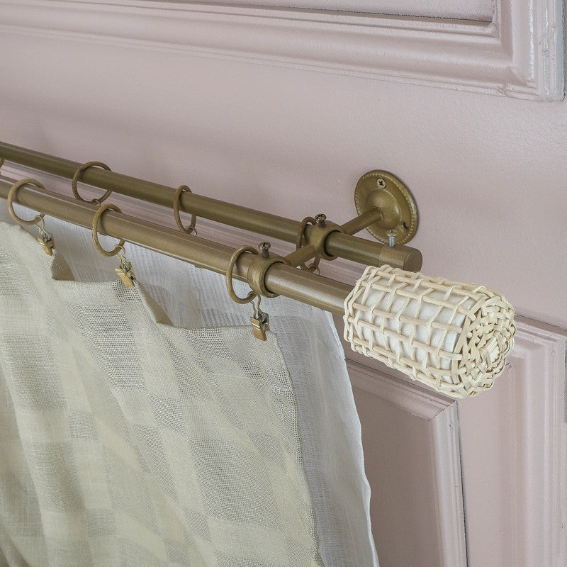 White Distressed Cane Wrap Finial Extendable Single Double Curtain Rod ...