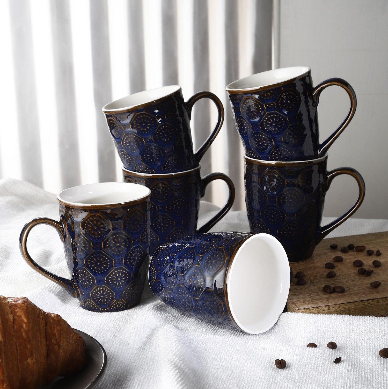 Ceramic Embossed Blue Glazed Mug- Set of 6 – The Decor Mart