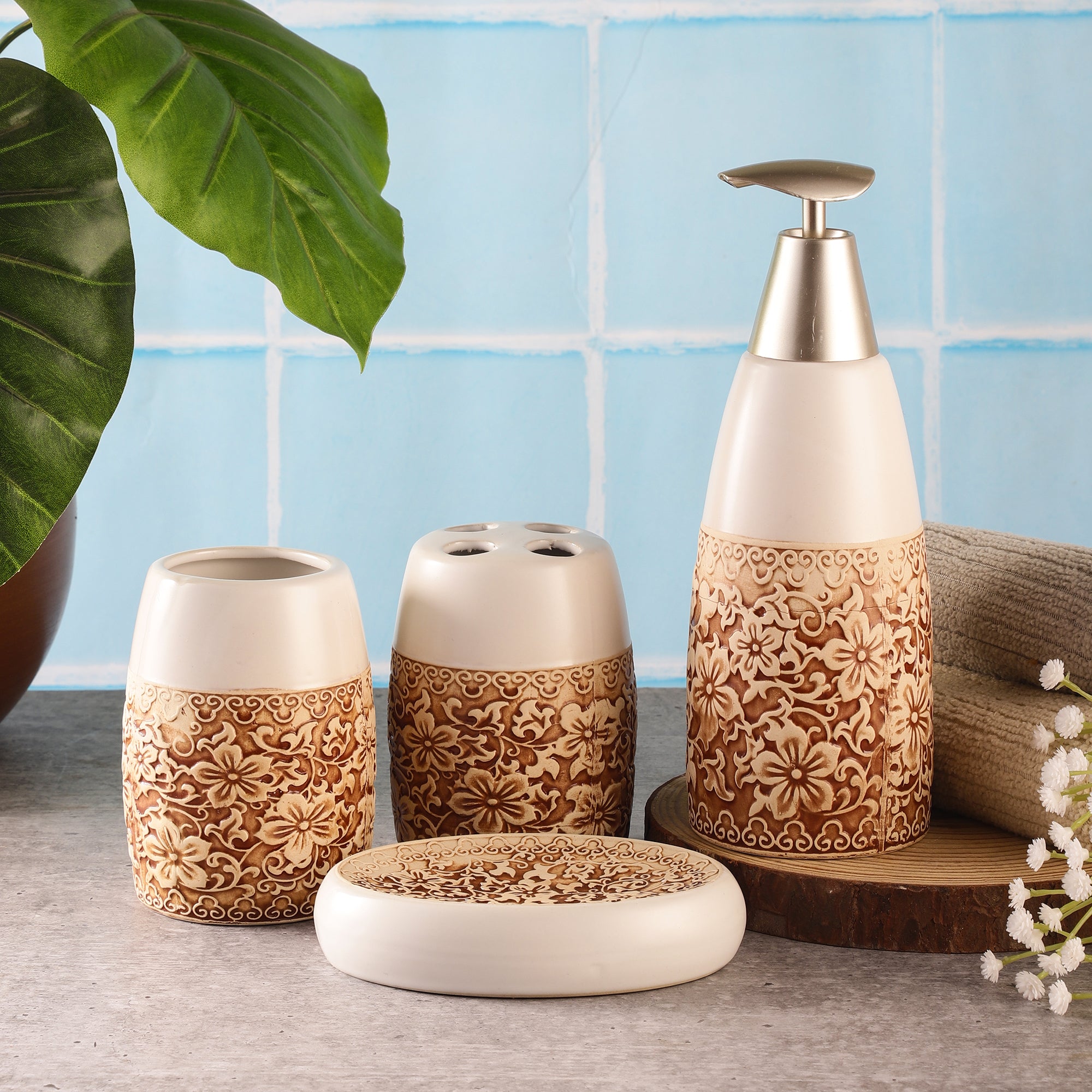 Ceramic Emboss Bath Accessory Set- White – The Decor Mart