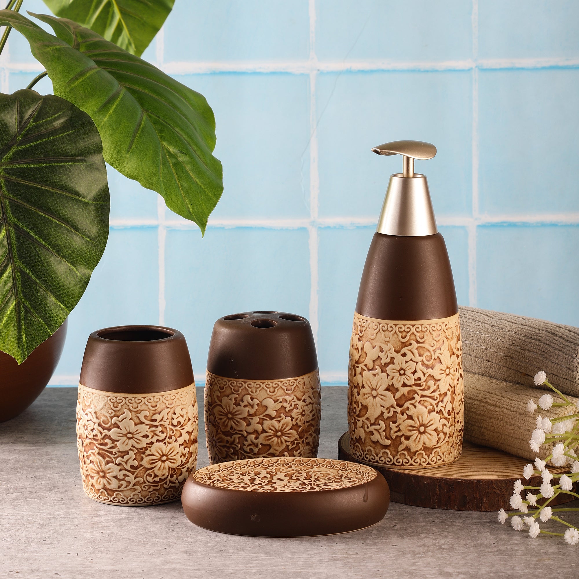 Ceramic Emboss Bath Accessory Set- Brown – The Decor Mart